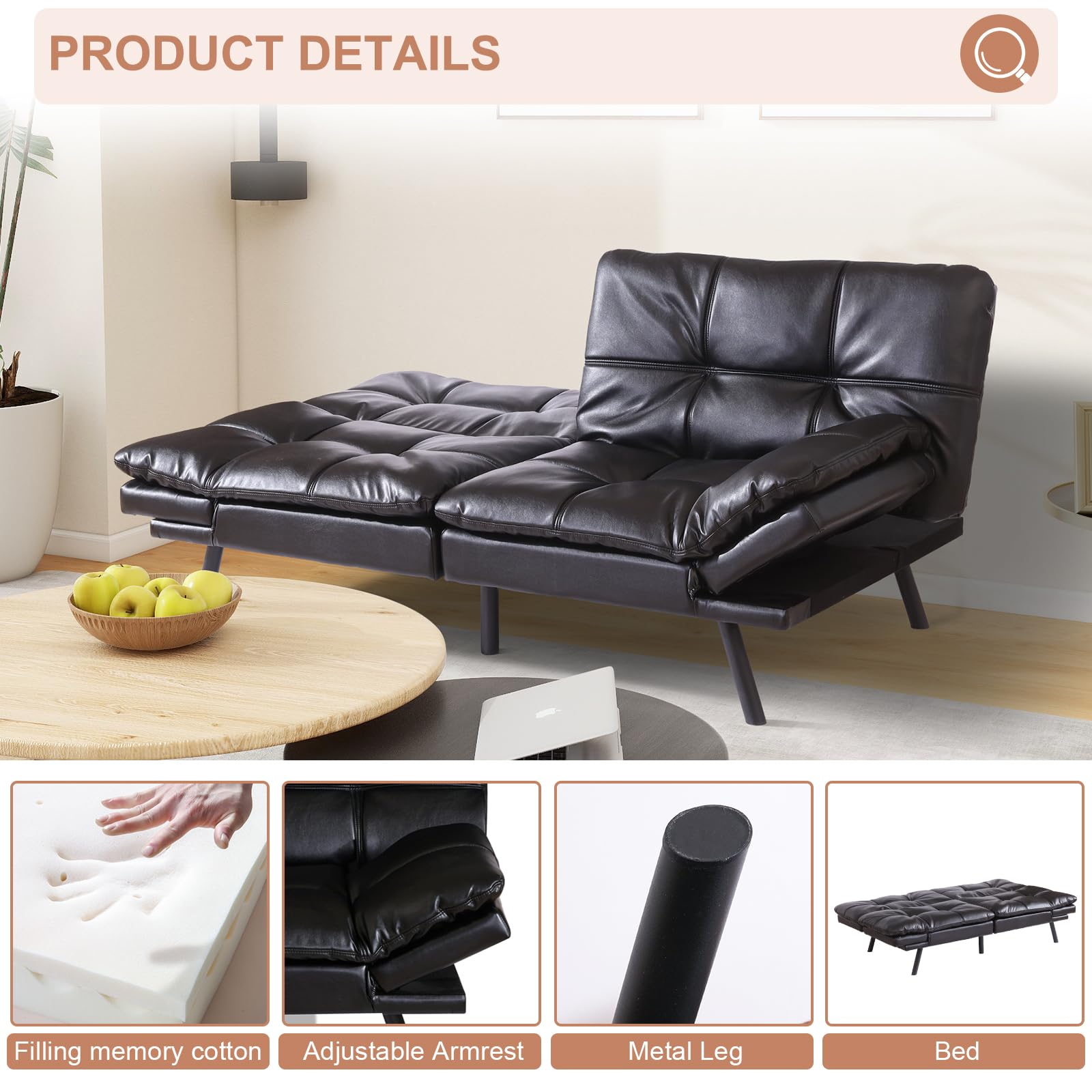 MUUEGM Futon Sofa Bed, Futon Bed Couch, Convertible Sofa Bed, Memory Foam Futon Sofa for Compact Living Room, Small Space, Apartment, Office,Brown Faux Leather