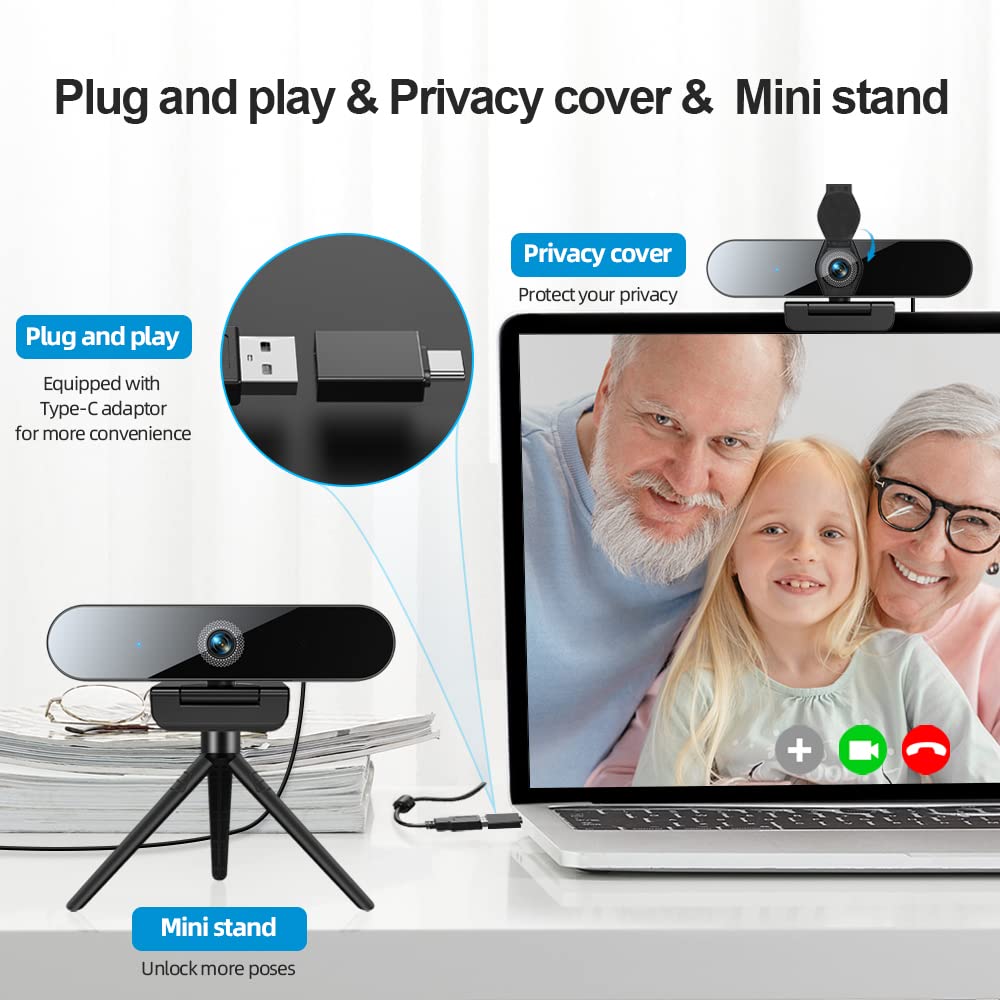 Nisheng 4K Webcam, Webcam with Microphone, Autofocus HD Webcam Camera with Privacy Cover and Tripod, Plug and Play 4K USB Computer Web Camera for for Zoom/Sky/PC/Mac/Laptop/Desktop (M3 Pro)