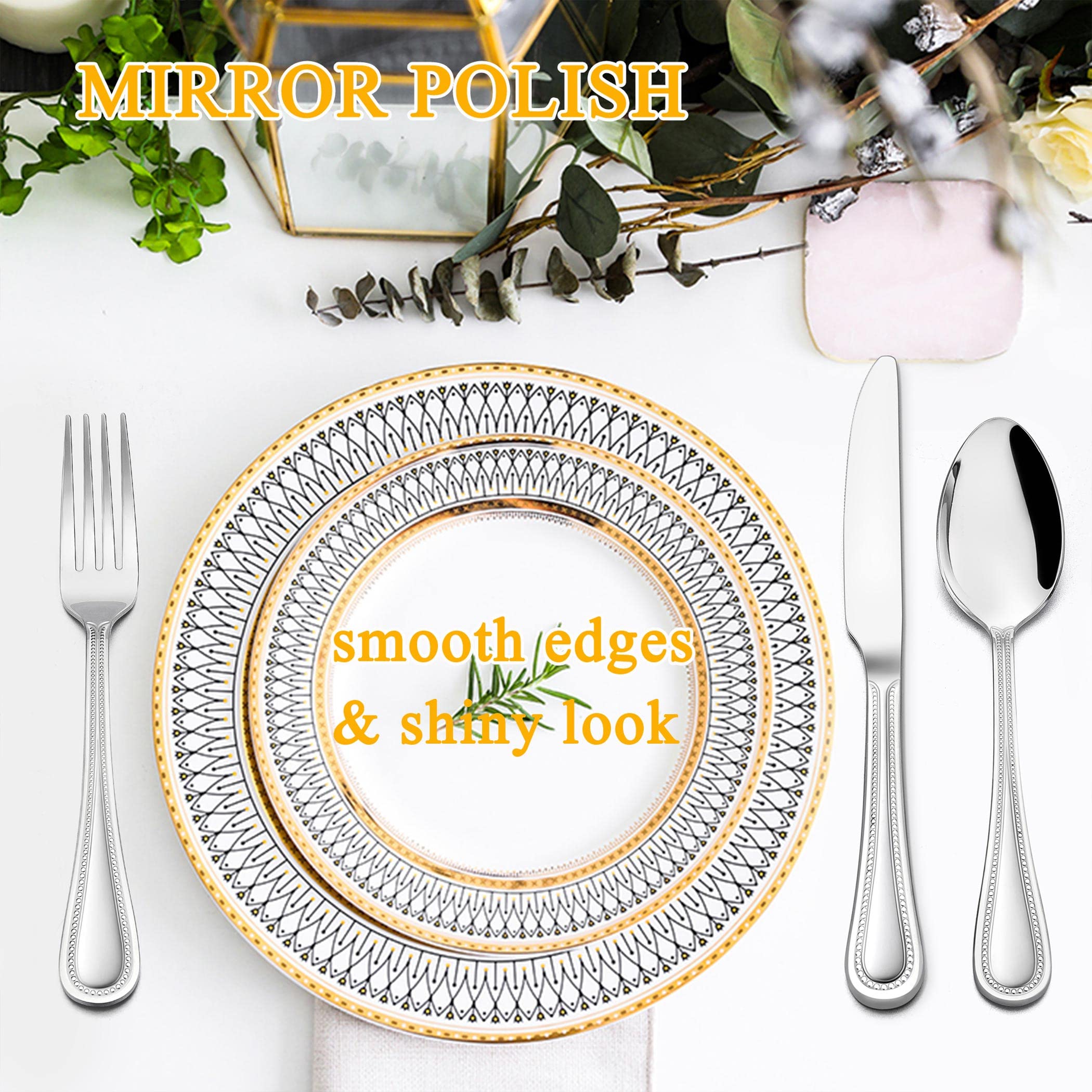 LIANYU Silverware Flatware Set for 8, 40-Piece Stainless Steel Eating Utensils with Pearled Edge, Cutlery Tableware for Home Kitchen Restaurant Party, Mirror Finished, Dishwasher Safe
