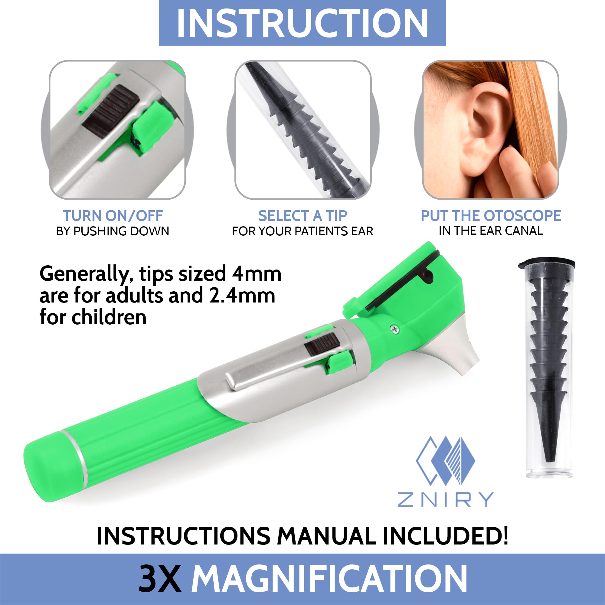 Zniry Mini Otoscope - Ear Scope with Light, Ear Infection Detector Mini Otoscope - Portable Ear Light and Exam Kit for Home Use - 3X Magnifying Fiber Optic Scope (Grey)
