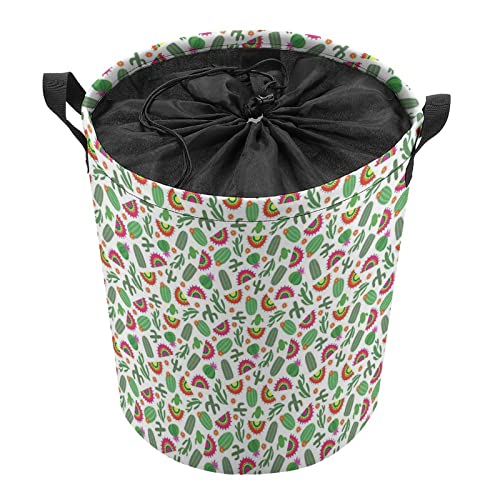 Mexican Style with Cactus Laundry Basket Round Collapsible Storage Bin with Drawstring and Handle for Bedroom Bathroom Toys Room 17.3" X 13.8"