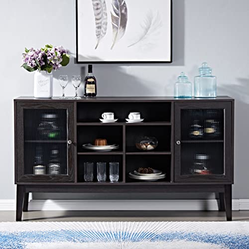 Mixcept Wood 60” Sideboard Buffet Table Storage Cabinet Console Table with 2 Doors and Adjustable Shelves, Cupboard Kitchen Sideboard for Kitchen Dining Room, Espresso