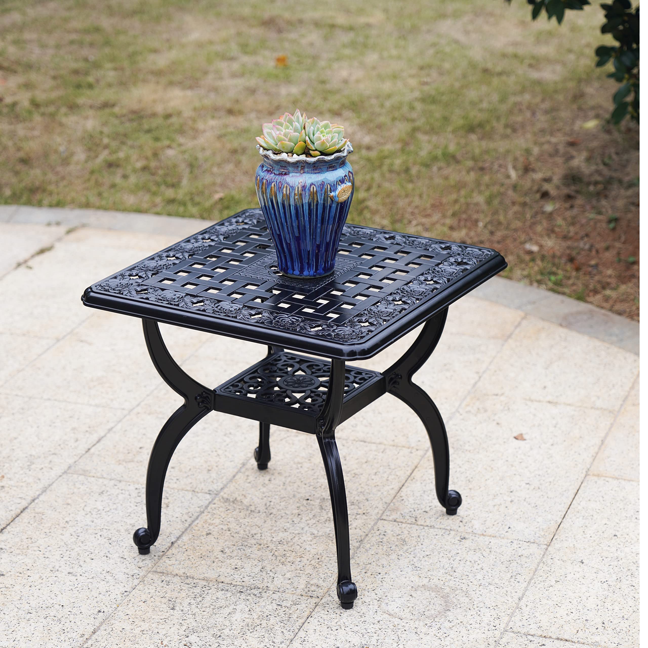 Mandolin Outdoor Patio Table,Rust -Resistant Cast Aluminum Side Table,Weather Resistant End Table,Coffee Table, Perfect for Patio, Backyard Or Garden. (Aluminum Square, Black)