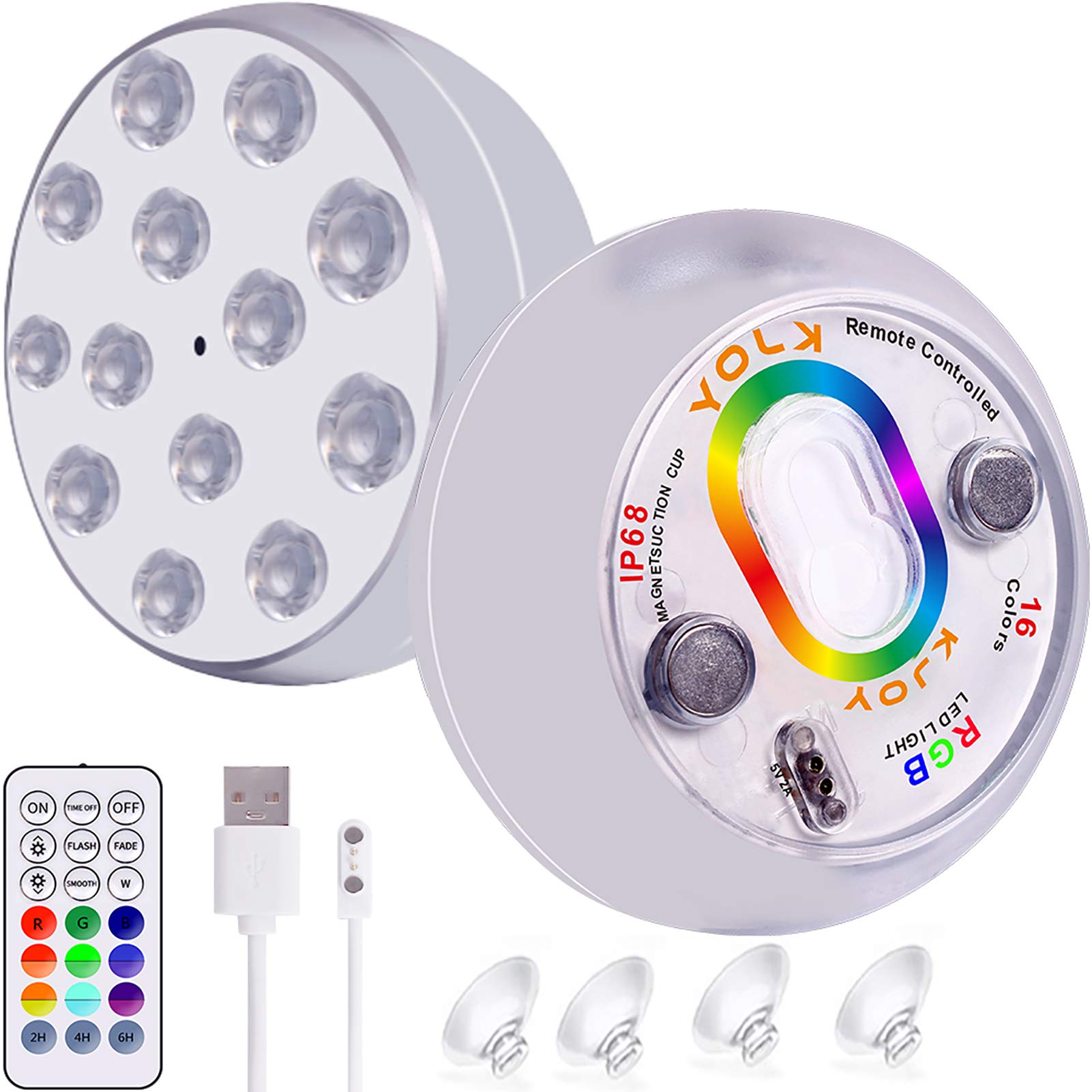 KJOY 2PCS Rechargeable Pool Lights Underwater Above Ground-Color Changing Shower Lights Submersible LED Lights with RF Remote, Magnets, Suction Cups, Ponds Lights for Bath Vase Aquarium Decoration