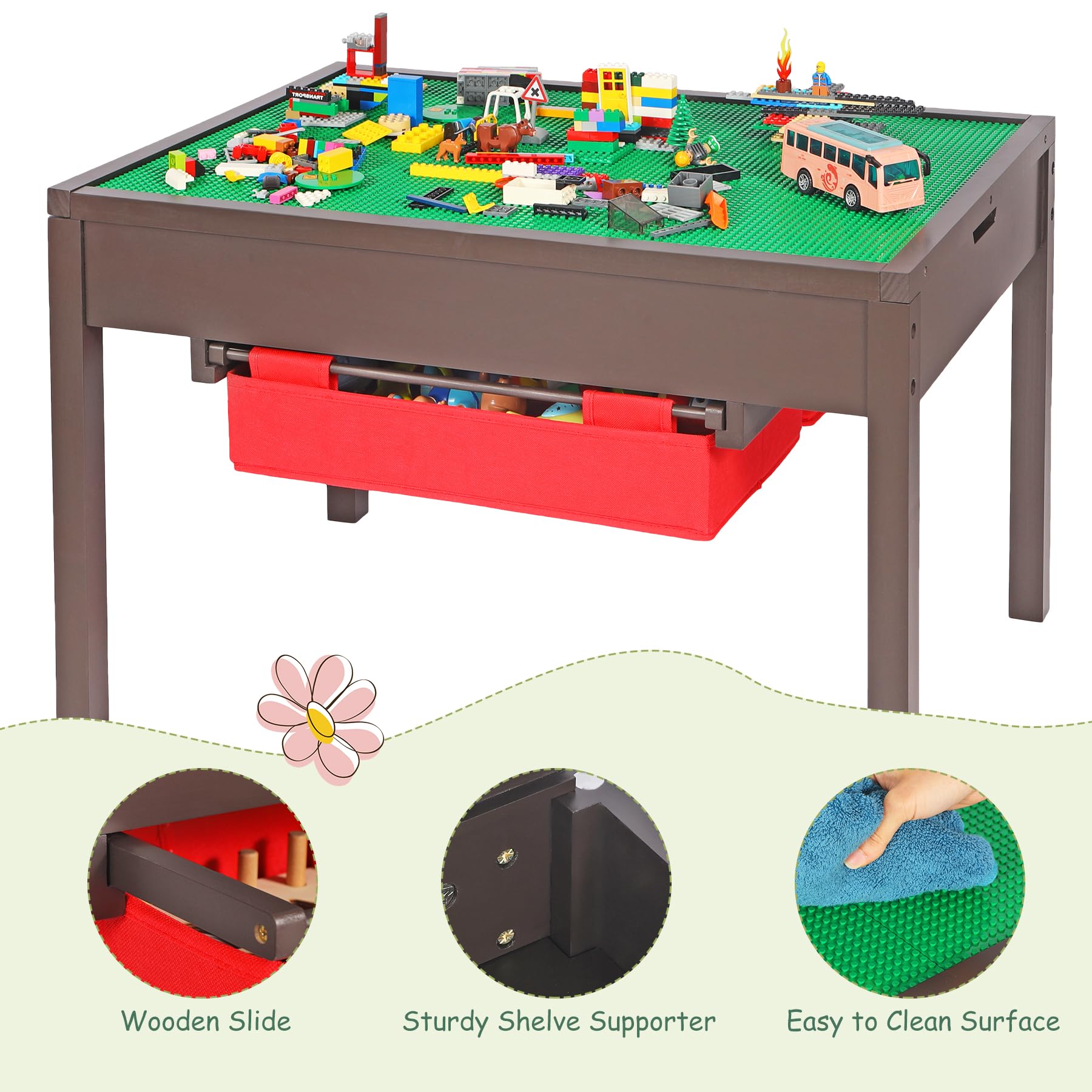 RedSwing 2 in 1 Kids Activity Table with Storage Drawers, Wooden Construction Play Table with Detachable Blocks and Blackboard Tabletop,Compatible with Lego and Duplo Bricks,Grey