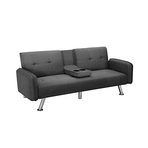 OYN Modern Futon Sofa Loveseat Convertible Sleeper Couch Bed Futonbed for Living Room Apartment Small Space Furniture Sets with 2 Cup Holders,Metal Legs, Removable Soft Square Armrest,Dark Gray