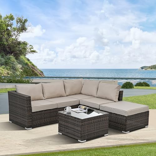 Patio Furniture Outdoor Seasonal Pe Wicker 4 Set with Tempered Glass Coffee Table Grey Rattan Deep Seating