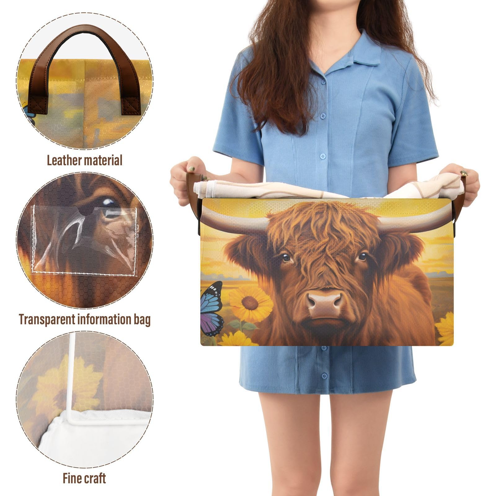 PDZRMY Open Storage Bin Blue Butterfly Highland Cow Large Foldable Storage Box Storage Basket Organizer Bins with Leather Handles for Shelf Closet Bedroom Living Room Office Home 1 Pack