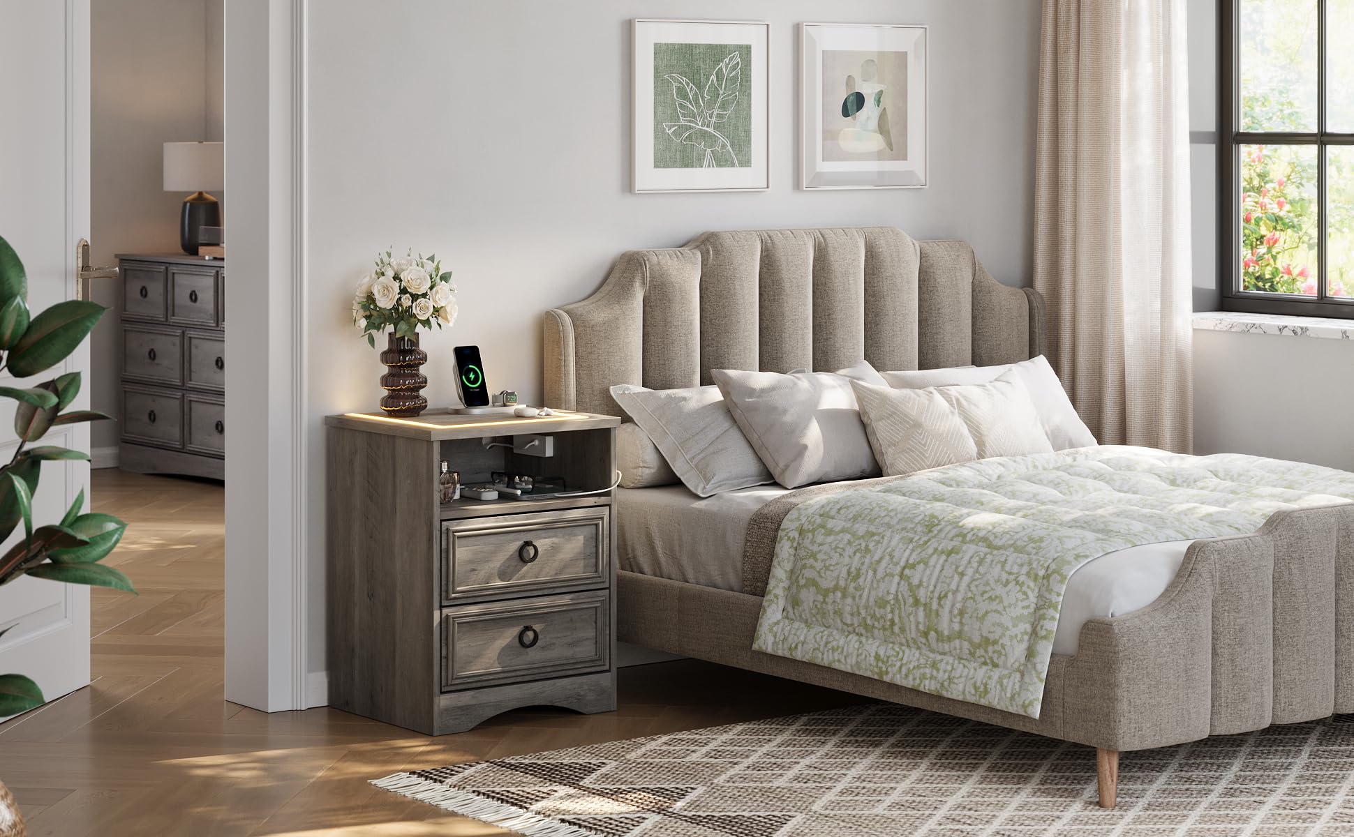 Nightstand with Strip Lights,USB Outlets Set of 2, Night Stand with Drawers, Accent Bed Side Table and End Table with Open Storage for Bedroom, Living Room,Gray