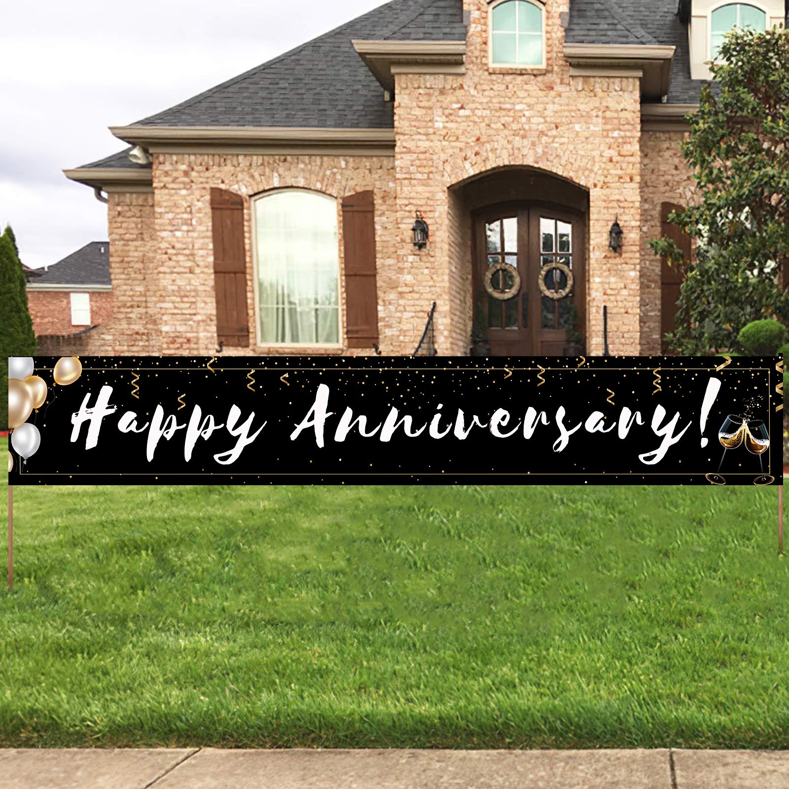 TZSS Happy Anniversary Decorations, Black Happy Anniversary Banner Yard Signs, Wedding Anniversary Decorations for Partyďź118" X 20"ďź