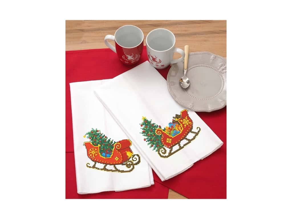 LEISURE ARTS Tea Towel 17"x28" Sleigh 2pc, Towel Set, Embroidery kit, Bathroom Hand Towels, Kitchen Towel, Cross Stitch Kits, Stamped Cross Stitch Kits