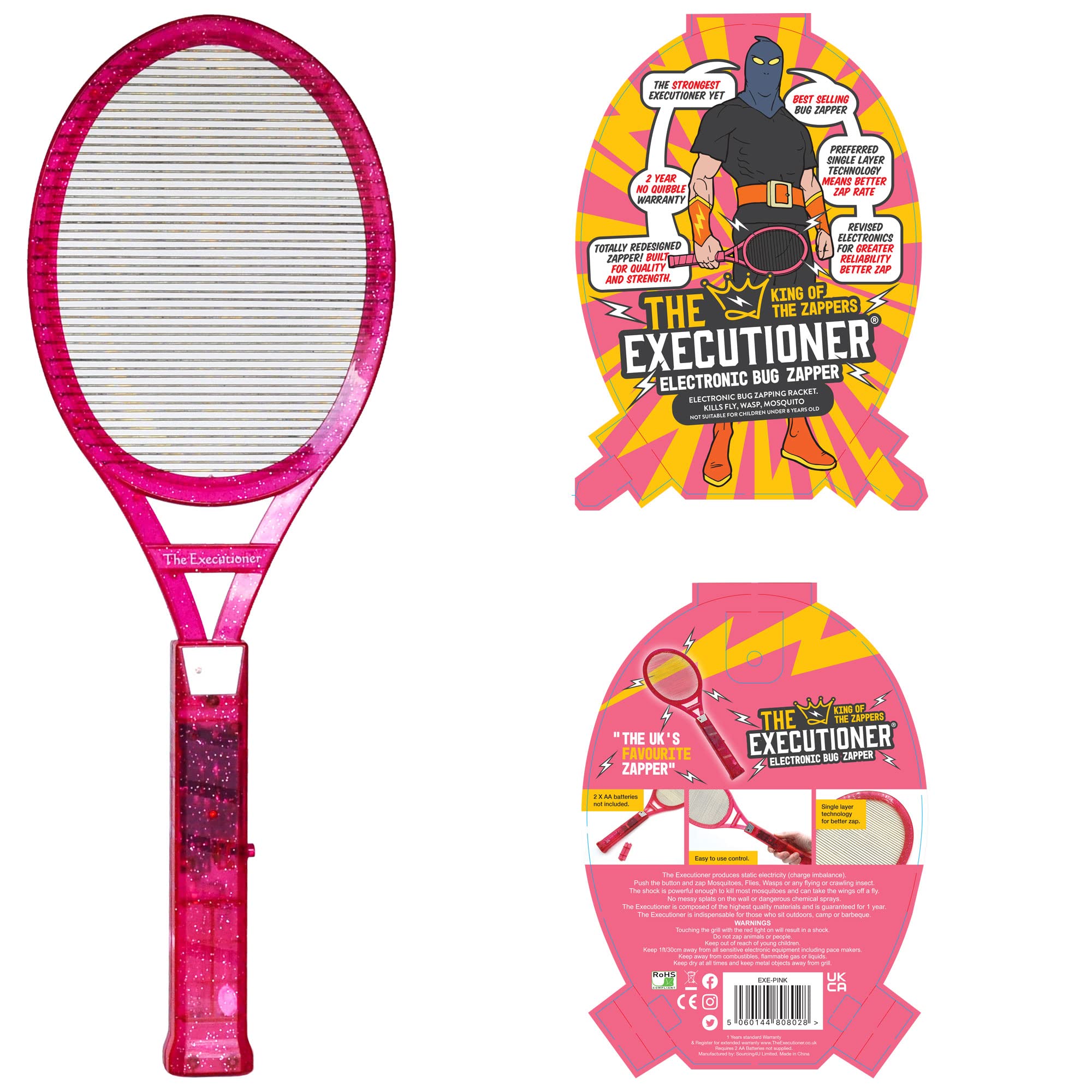 The Executioner Fly Zapper Mosquito, Wasp, Bug, Insect Killer Swatter Electric Fly Zapper Racket Single Layer for Efficient Zapping Indoor Outdoor (Pink)
