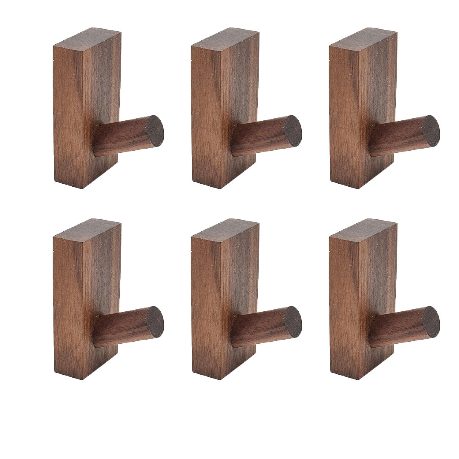 Ourart Wood Wall Hooks 6 Pack, Natural Wooden Adhesive Coat Hooks Wall Mounted, Rustic Wooden Hooks Heavy Duty Robe Hook Hat Rack for Hanging Bathroom Towels Clothes Hanger (Walnut Wood)