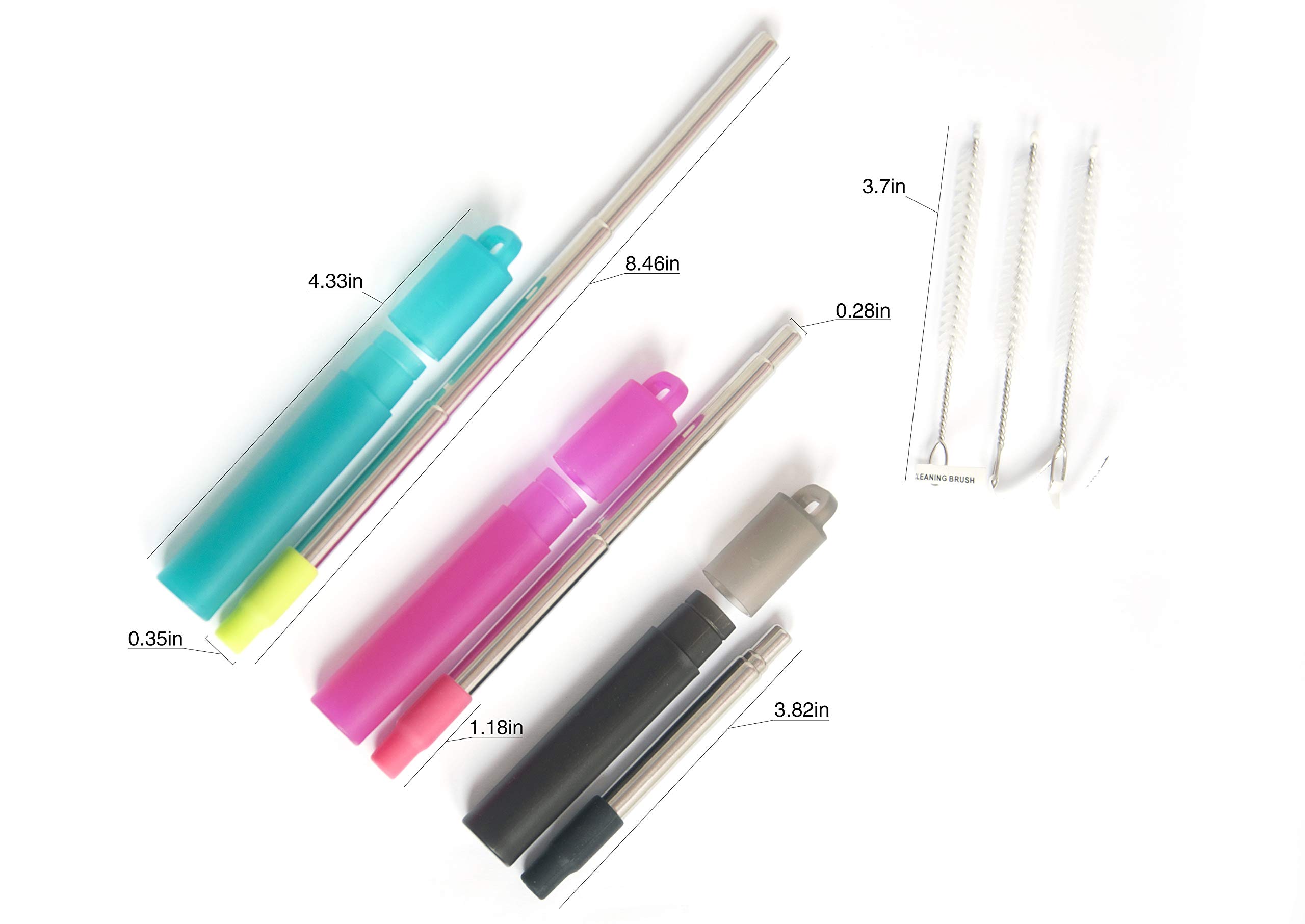 MANGKHUT 3 Pack Metal Reusable Straws with Silicone Tip & Carrying Case & Cleaning Brush, Compact Portable Stainless Steel Drinking Straws with Telescopic Design up to 8.46 inch, Gray & Green & Pink