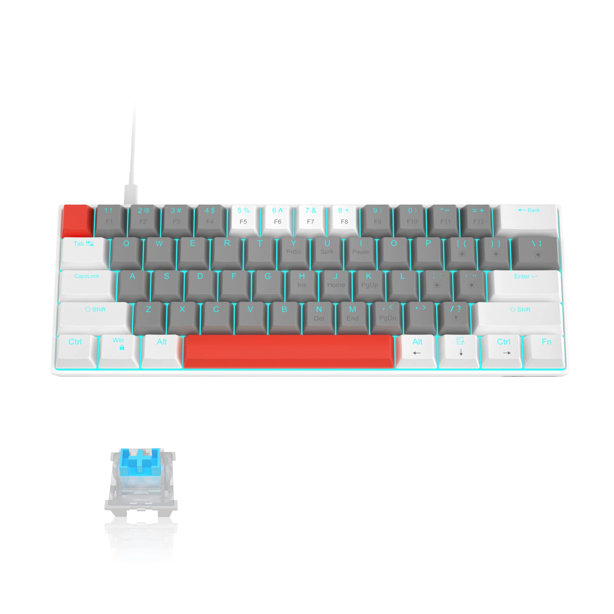 MageGee MK-Mini 60% Mechanical Gaming Keyboard, 61 Keys Compact Gaming Keyboard with Blue Switch, Portable Blue LED Backlit USB Type-C Wired Office Keyboard for PC Laptop, White & Gray