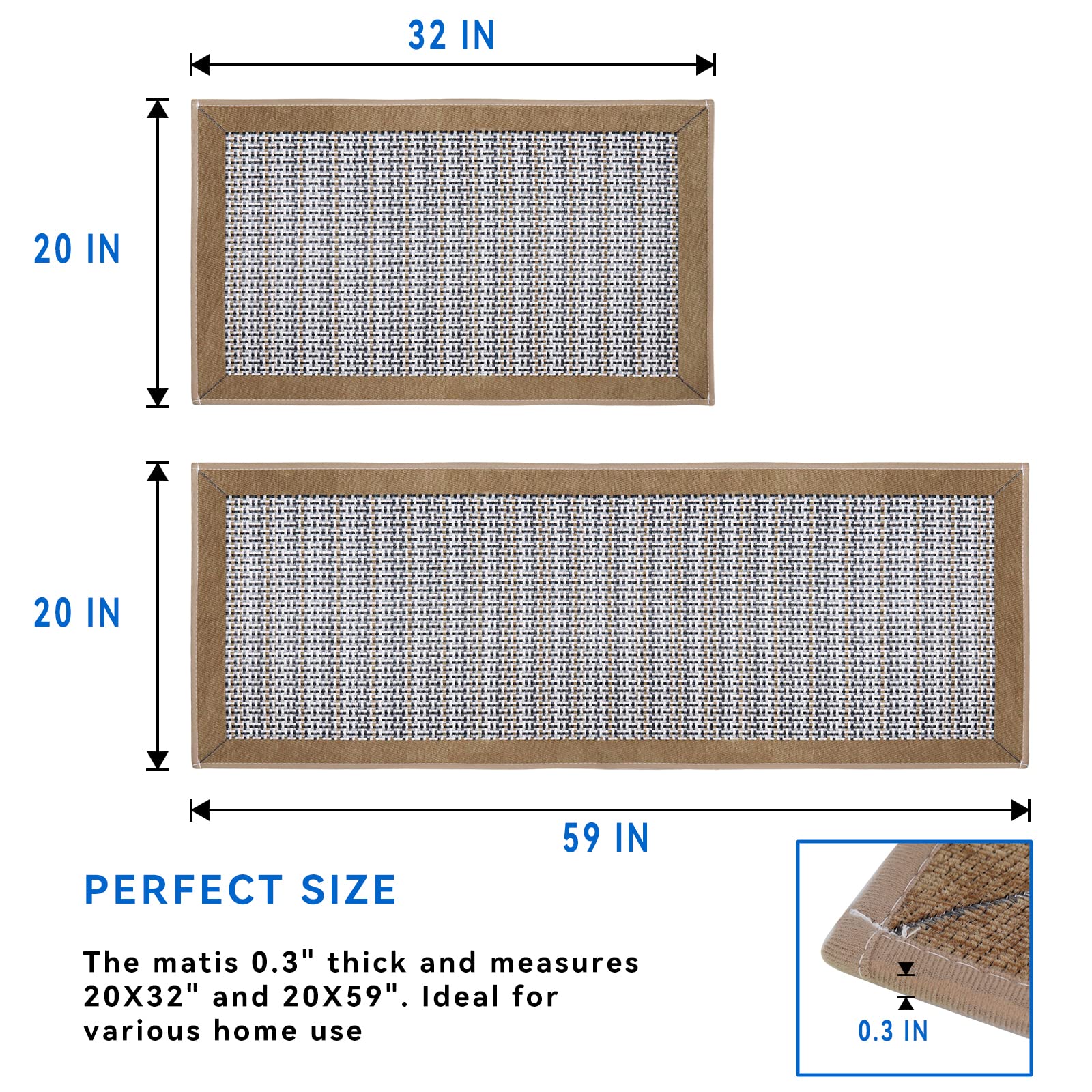 Kitchen Rugs and Mats Non Skid Washable 2PCS Absorbent Kitchen Runner Rugs Sets of 2 Comfort Weave Kitchen Floor Mats for in Front of Sink Kitchen Hallway Laundry Room (Brown, 20"x32"+20"x59")