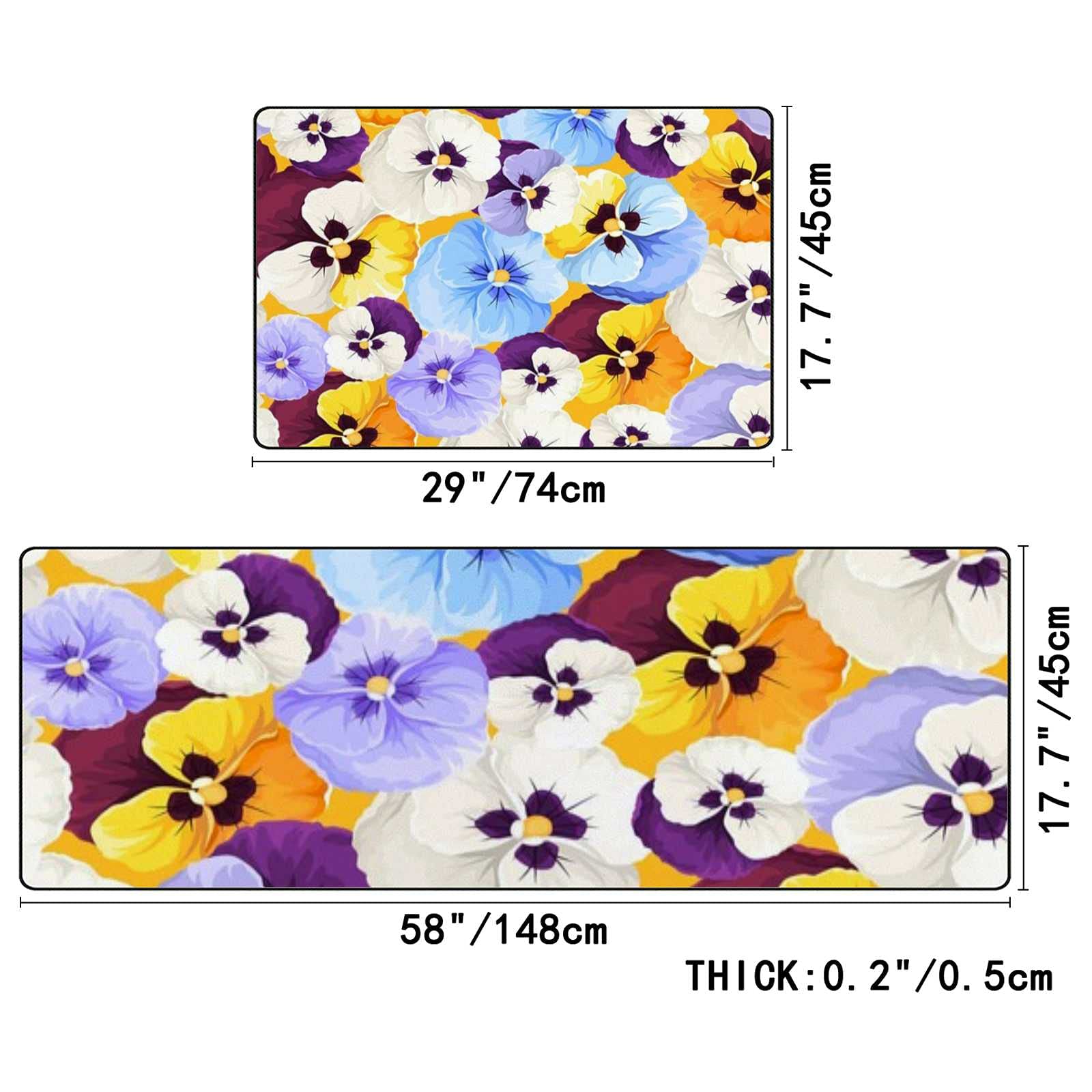 Kitchen Rugs and Mats Set of 2 Pieces Anti Fatigue Standing Mat Colorful Pansy Flowers Non Slip Washable Comfort Flooring Carpet Runner for Kitchen Home