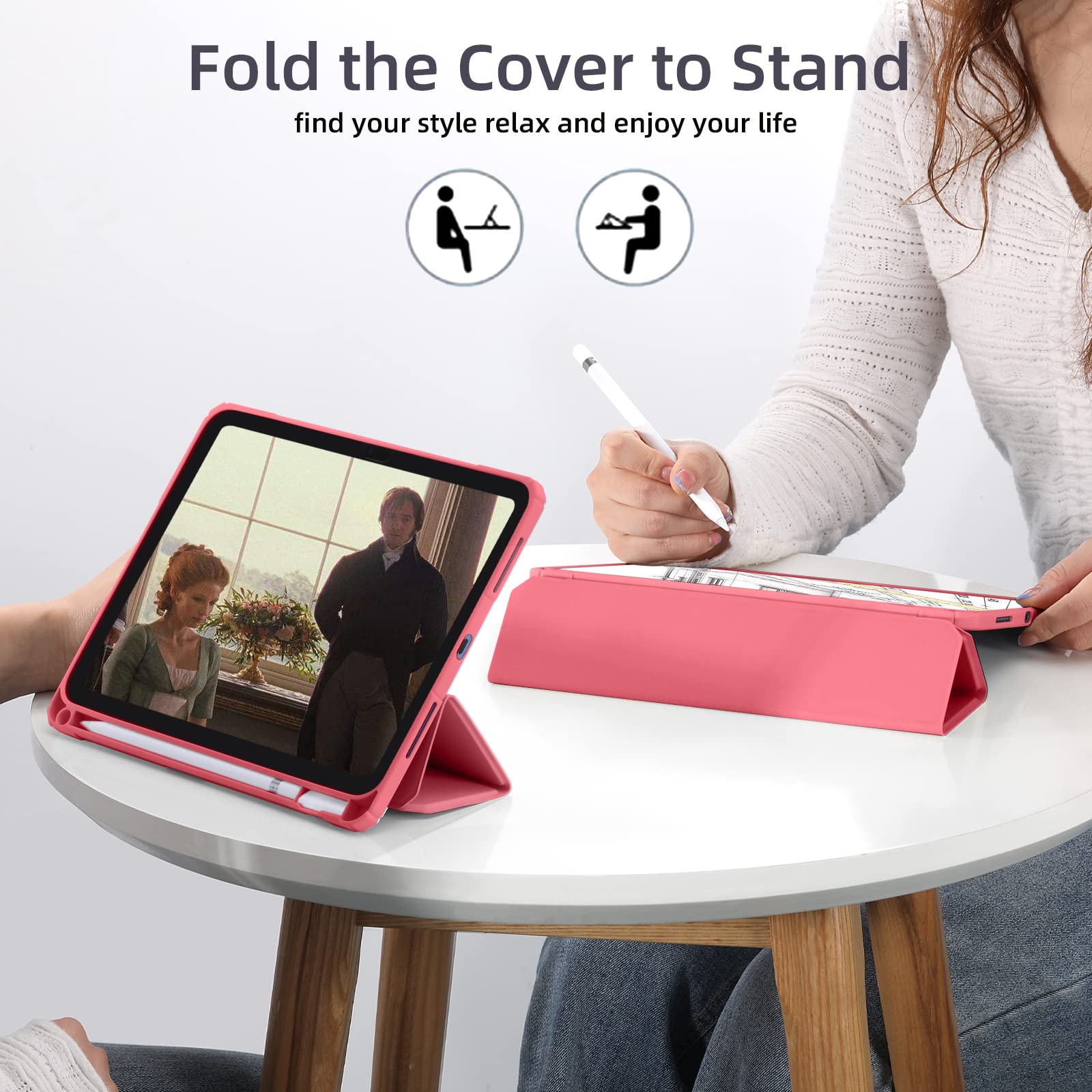 Mastten Compatible with iPad 10th Generation Case with Pencil Holder, iPad 10.9 Case with Clear Transparent Back Shell, Auto Wake/Sleep, Shockproof Slim Cover for iPad 10 Gen 10.9 Inch 2022, Leaf Red