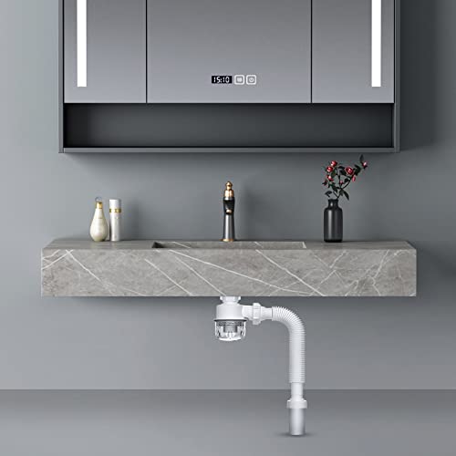 LOONGSHINET 1-1/4 Inch Bathroom Sink Drain Kit Flexible Expandable Anti-siphon Bottle Universal Sink Drain Assembly for Bathroom Tube S Trap, Bathroom Vanity Sink Drain Plumbing P Trap Pipe, White