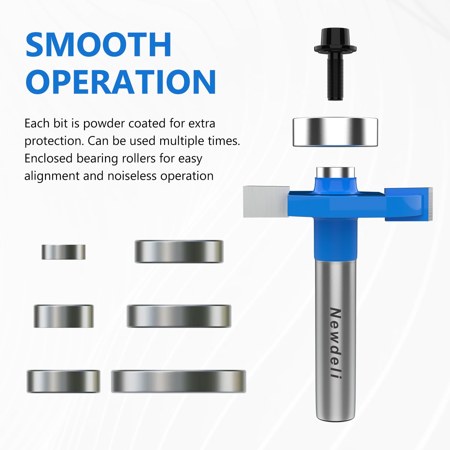 Newdeli Rabbet Router Bit Set 1/4 Inch Shank - 4Pcs Rabbeting Router Bits(1/8",1/4",3/8", 1/2" Height) with 6 Bearings Set (3/8", 1/2", 5/8", 3/4", 7/8", 1-1/8" Bearings) - Wood Biscuit Slot Cutters