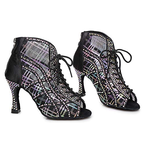 HROYL Women's Ballroom Latin Salsa Dance Shoes Lace-up Open-toe Dance Boots,YCL434-Black-7.5,US8.5