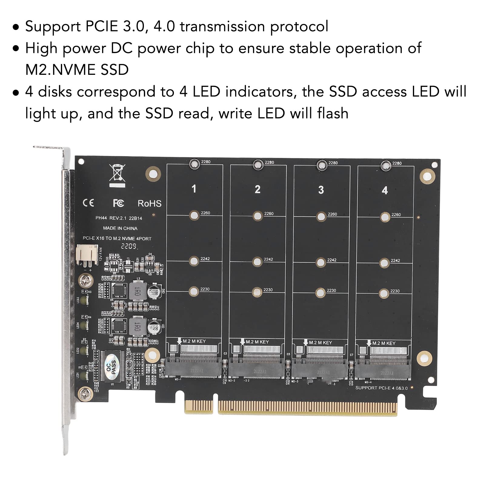 M.2 NVME SSD to PCIE X16 Adapter, 4x32Gbps M.2 NVME (m Key) SSD to PCIe 3.0 x 4 Port Host Controller Expansion Card with Individual LED Indicator