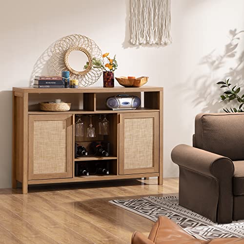 SICOTAS Coffee Bar Cabinet, 51" Rattan Sideboard Buffet Cabinet with Storage, Boho Farmhouse Liquor Cabinet with Wine Racks Credenza Console Buffet Table for Home Living Dining Room Entryway, Natural