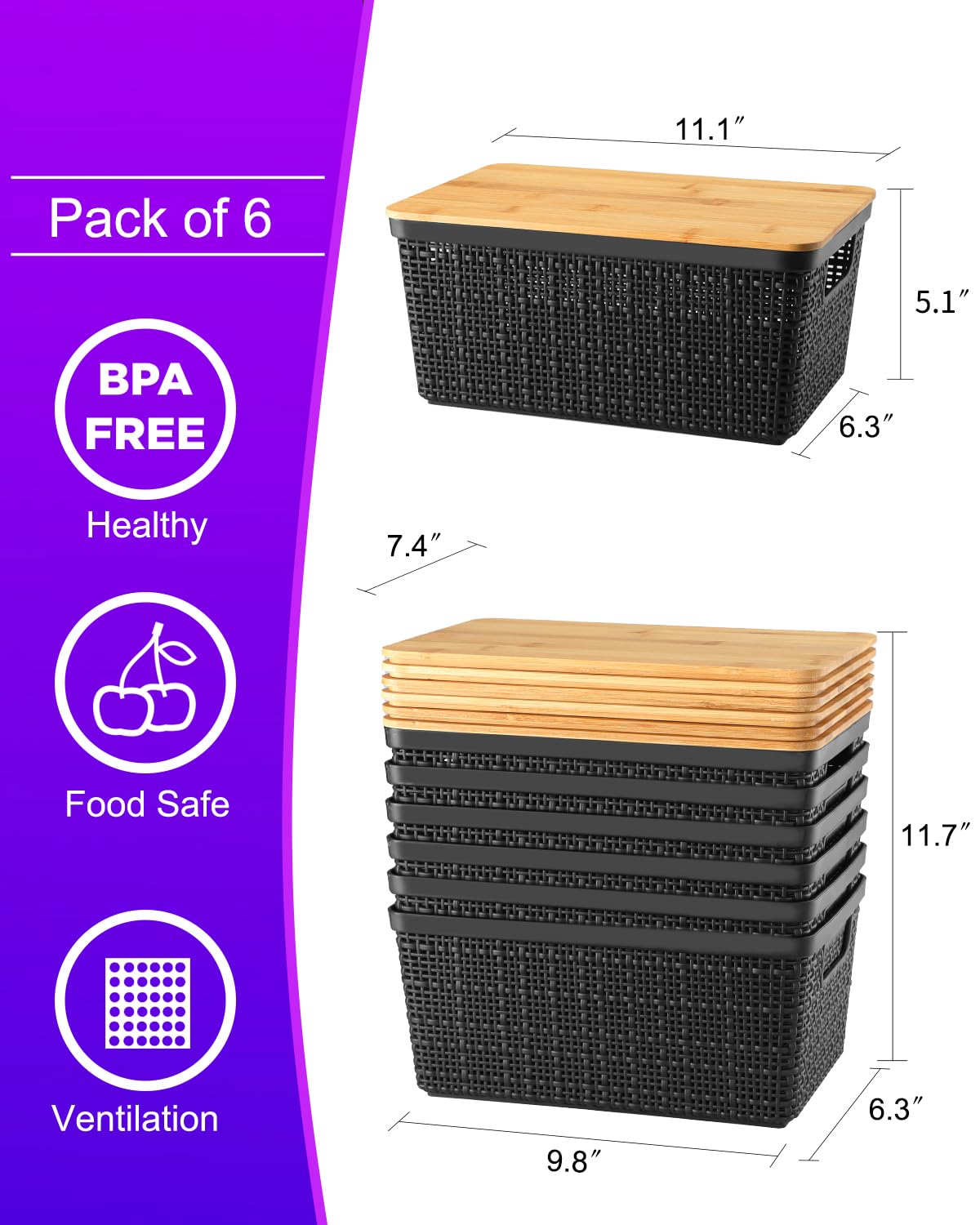 Storage Bins with Lids 6 Packs, Plastic Storage Baskets with Bamboo Lids-Stackable Storage Containers for Shelves Drawers Desktop Closet Pantry Playroom Classroom Office, Black