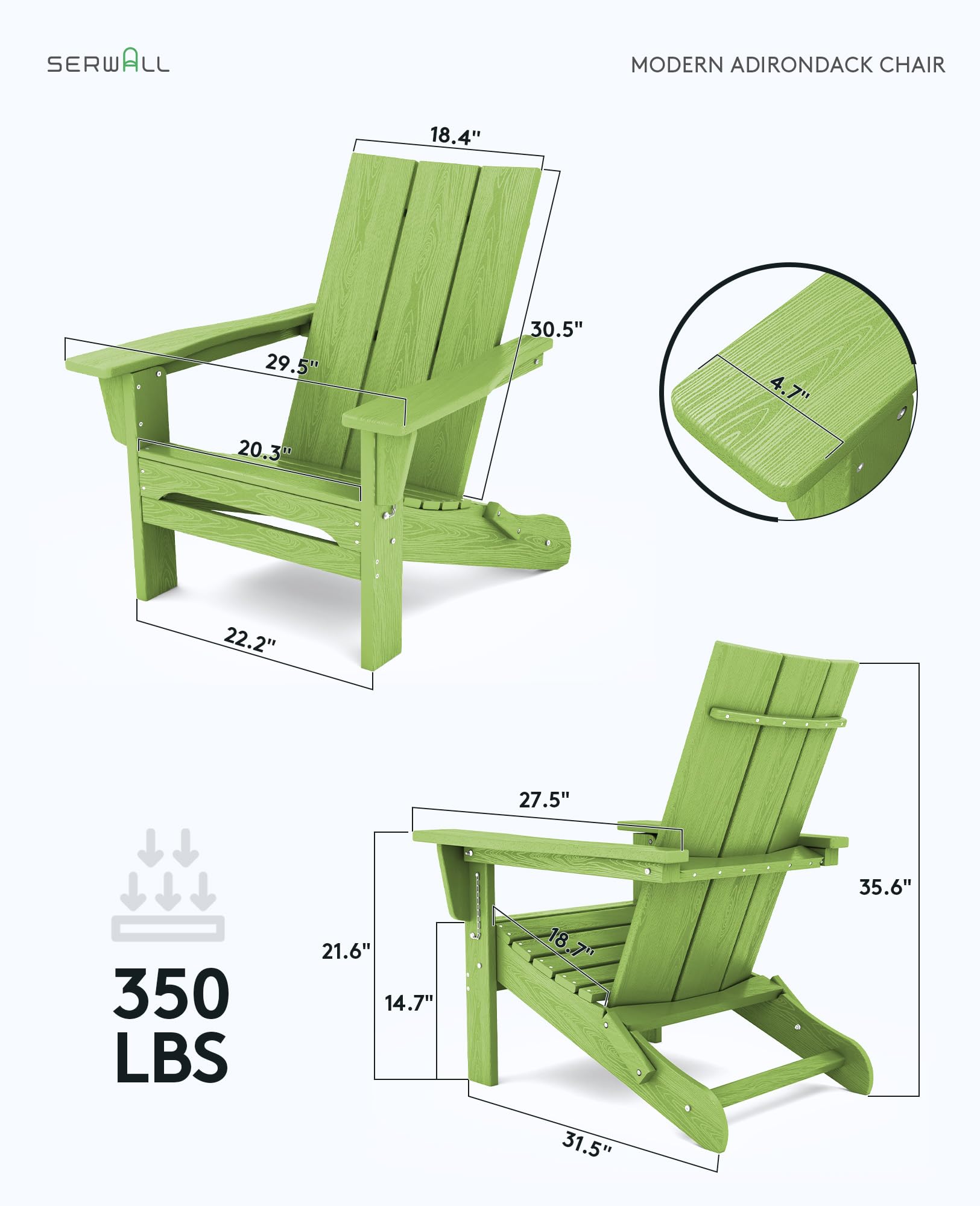 SERWALL Modern Folding Adirondack Chair Set of 4, Oversized Folding Adirondack Chair with Curved Backrest, HDPE Outdoor Adirondack Chair, Brown