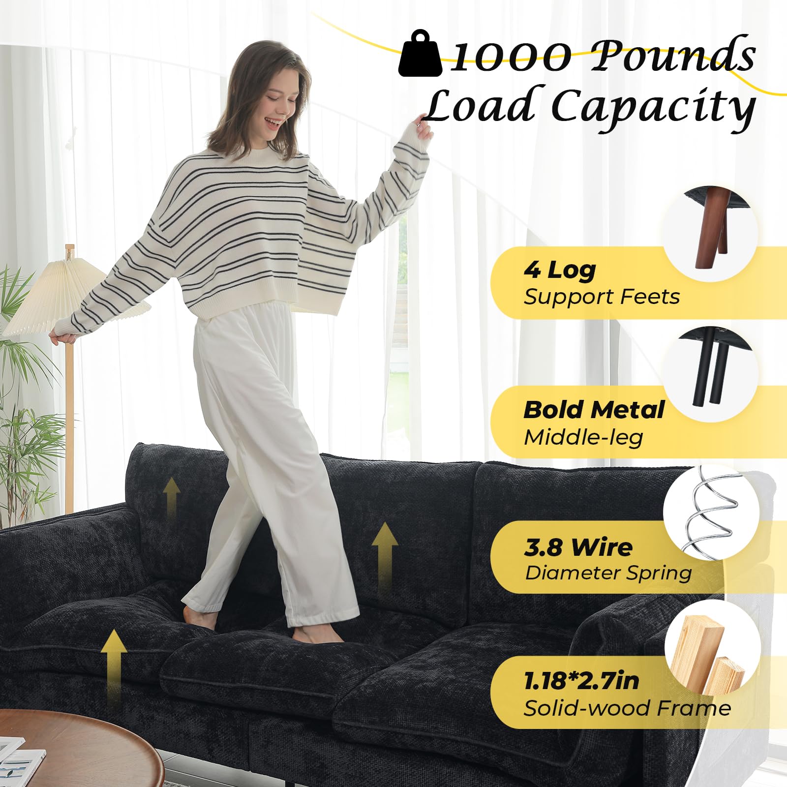 OHOHOLIVE 82" Chenille Couch Mid-Century Modern Design with Solid Wood Legs, Soft Cushions 3 Seat Sectional Sofa Couch - Ideal for Bedroom, Living Room, Small Apartment, Studio, Office