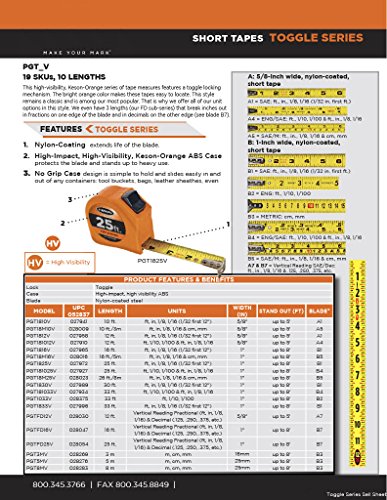 Keson Tape Measure, 5/8 In x 12 ft, Orange, In/Ft (PGTFD12V)
