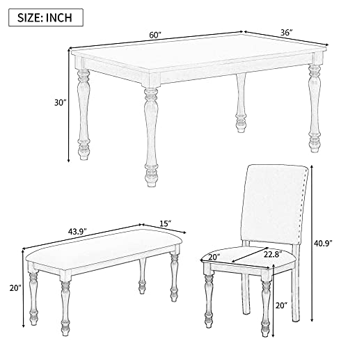 ODC Elegant 6 Piece Dining Table & Chairs Set Rectangular Table with Turned Legs, 4 Upholstered Chairs and Bench for Home Living Room, Gray