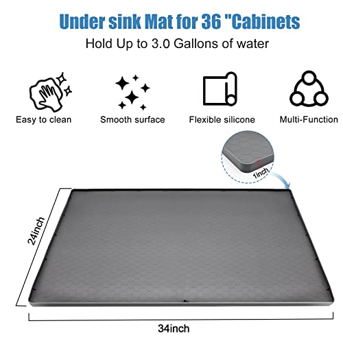 Under Sink Mat Tray,34" x 22" Silicone Under Sink Mat for Kitchen Cabinet,Waterproof Shelf Liner with Drain Hole,Kitchen Bathroom Cabinet Mat for Leaks, Drips, Spills (Grey)