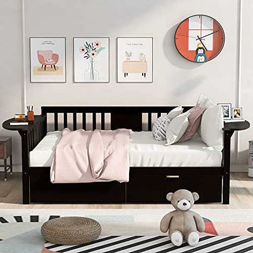 ODC Full Daybed with 2 Storage Drawers, Solid Wood Daybed Frame with Foldable Tables, Multi-Functional Sofa Bed, Daybed for Kids/Guest Bedroom, No Box Spring Required