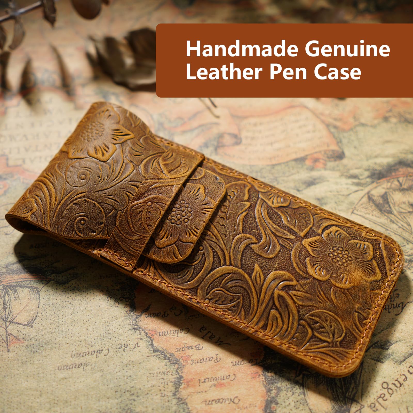 Q1T5 Handmade Genuine Leather Pen Pouch, Vintage Pencil Carrying Sleeve Crazy Horse Leather Pen Protective Bag Carving Style Brown