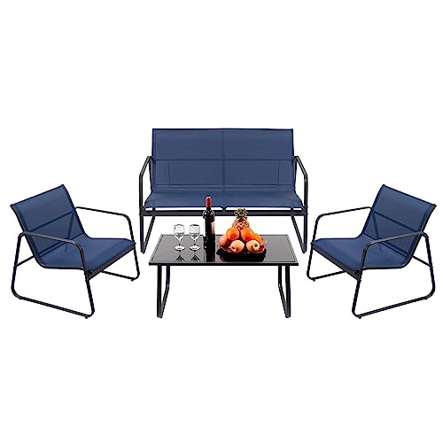PAIQIAN 4 Pieces Patio Furniture Set Outdoor Patio Conversation Sets Poolside Lawn Chairs with Glass Coffee Table Porch Furniture for Courtyard, Garden and Balcony (Blue)