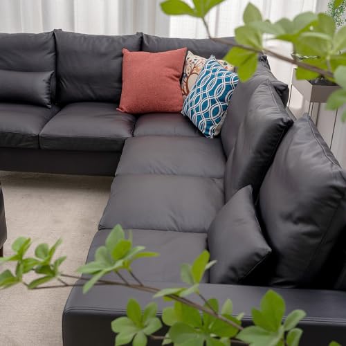 Panana6 Seater Convertible Sectional Sofa L-Shape Sofa Couch Linen Fabric Upholstered for Living Room, Apartment, Office (Black Leather Look Fabric, 6 Seater L Shape Corner Sofa)