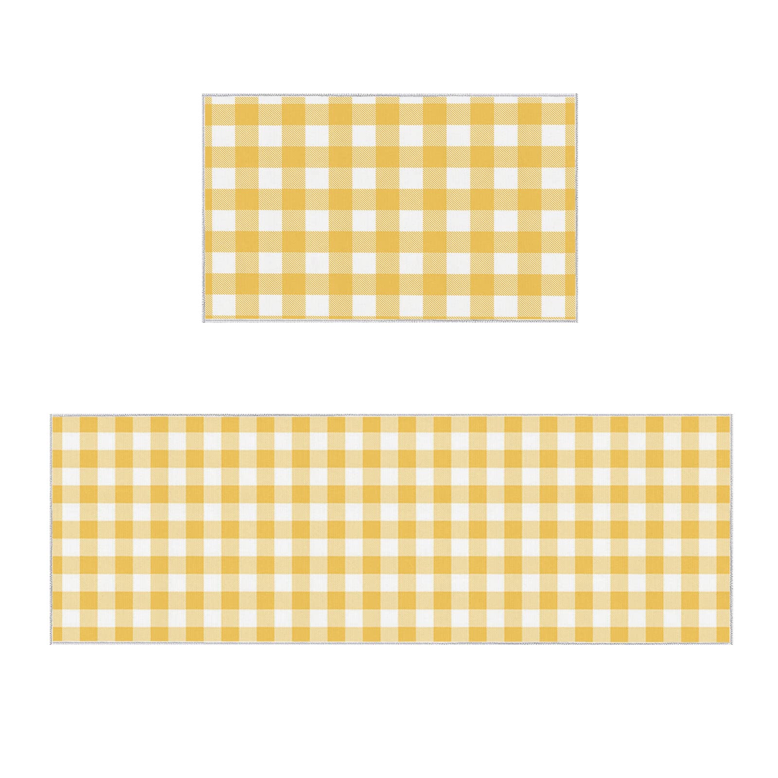 Kitchen Runner Rug, Country Style Yellow and White Buffalo Check Plaid Checkered Non Slip Runner Carpet Door Mats Floor Mat for Bedroom Bedside Laundry Bathroom Set of 2