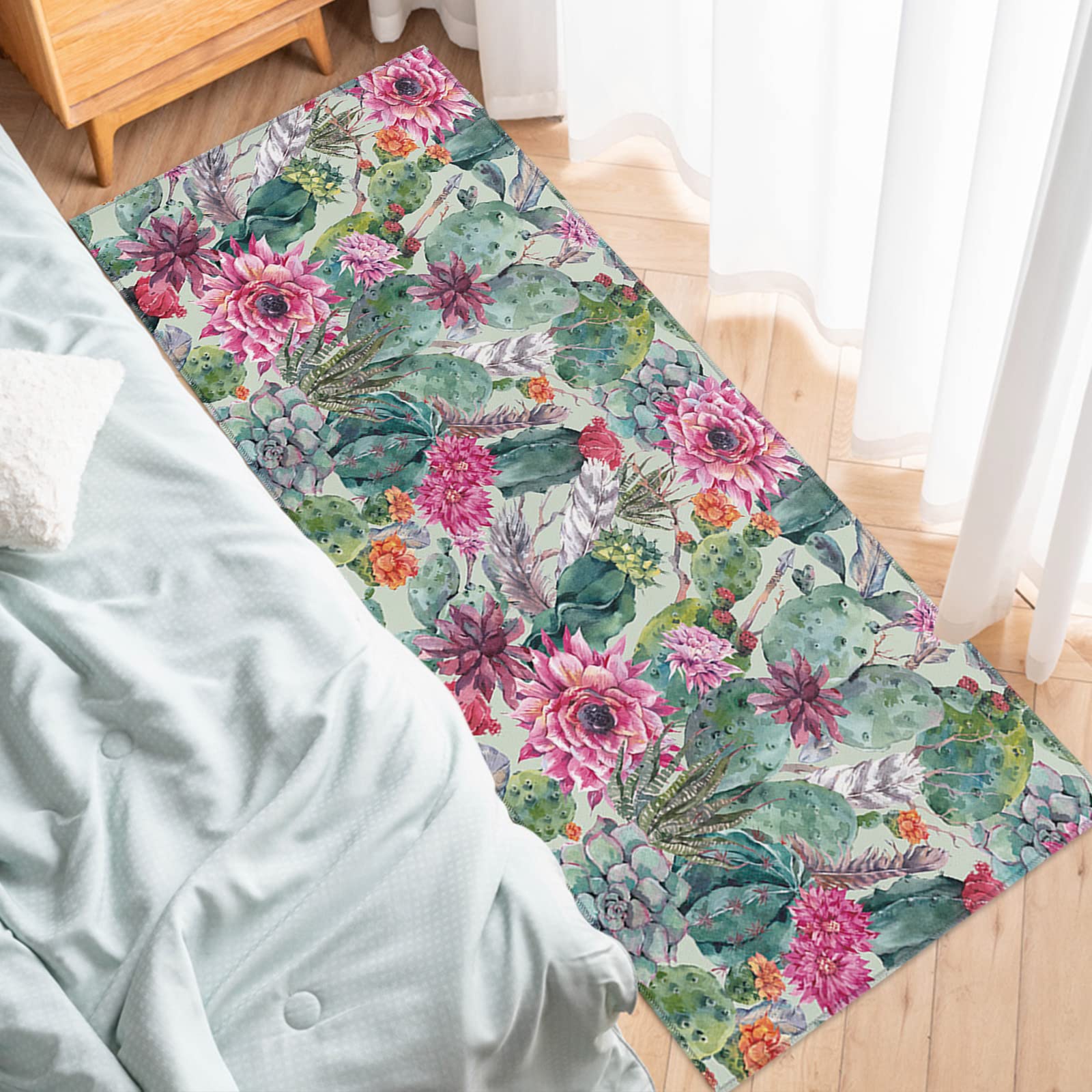 Kitchen Runner Rug, Watercolor Art Colorful Flower Succulent Plants Cactus Non Slip Runner Carpet Door Mats Floor Mat for Laundry Bedside Bathroom Bedroom 15.7"X47.2"