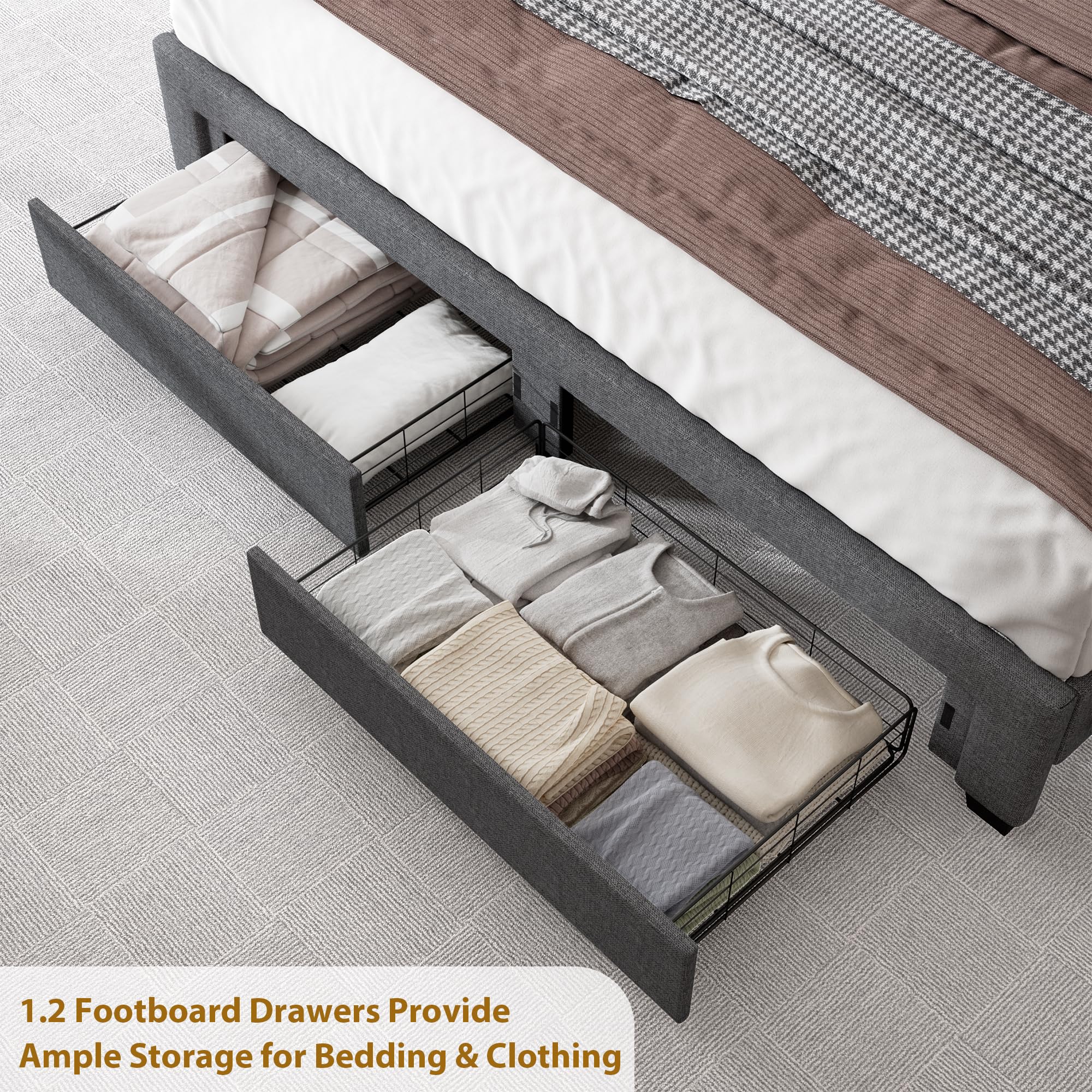 PDCOAK Full Bed Frame with Storage Headboard, Upholstered LED Bed Frame with 2 Storage Drawers Charging Station,Wood Slats Support, No Box Spring Needed, Noise Free, Grey