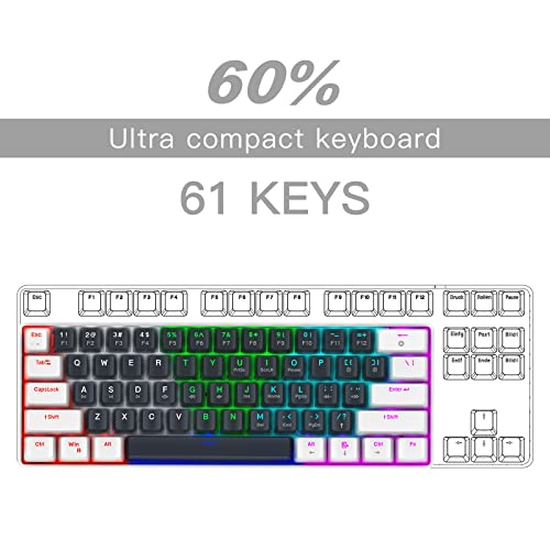 RAZEAK Portable 60 Percent Keyboard, Compact 61 Keys Mini Mechanical Keyboard for PC/Mac Gamer Switchable Colorful Backlit - Blue Switch - White+Black