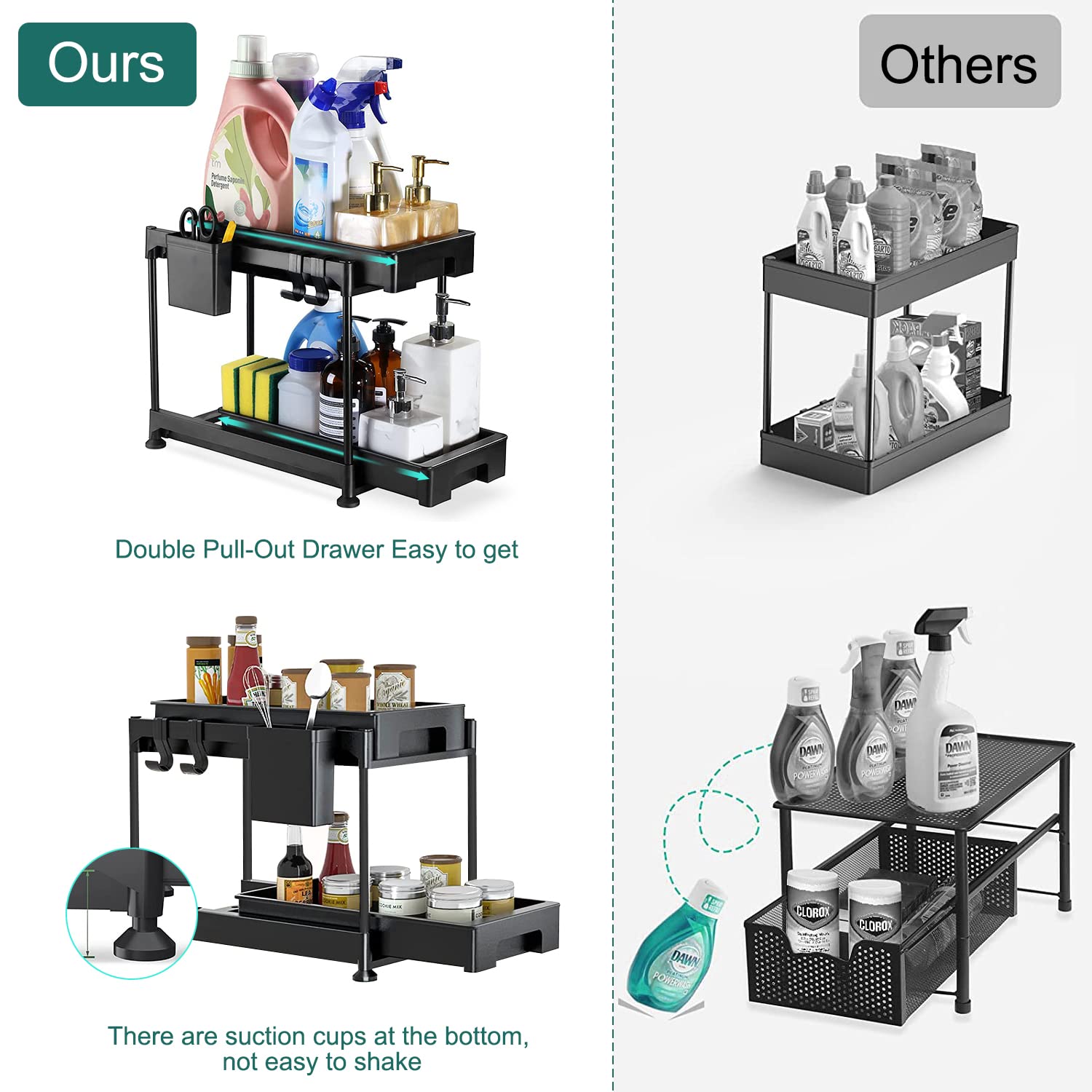 LBW 2 Packs Under Sink Organizer and Storage, 2 Tier Sliding Bathroom Cabinet Organizers Multi-Purpose Kitchen Organization and Storage,Drawer Pantry Organizer with Hooks,Black (Pack of 2)