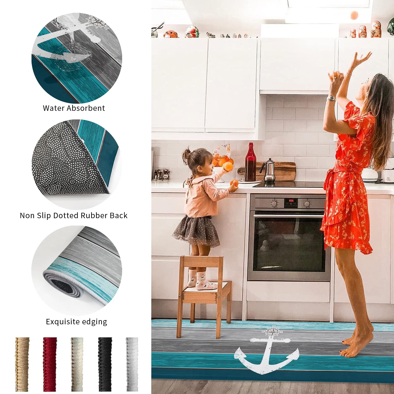Kitchen Runner Rug, Farm Nautical Anchor Compass Rustic Old Wooden Plank Teal Green Gray Non Slip Runner Carpet Door Mats Floor Mat for Laundry Bedside Bathroom Bedroom 15.7"X47.2"