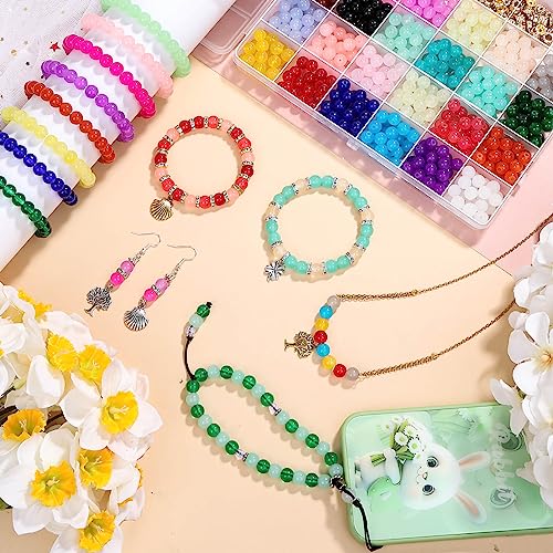 shynek 753 Pieces Glass Beads Bracelet Making Kit, 24 Color Glass Beads for Jewelry Making with Spacer Beads, Bail Tube Beads, Charms and Elastic String for Bracelets