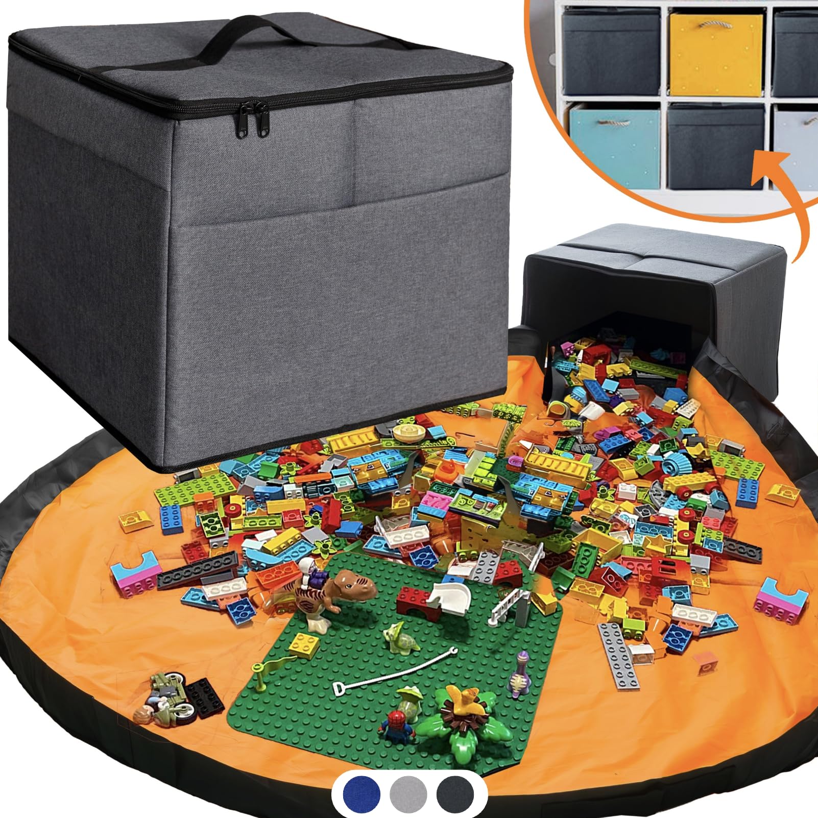 XL Toy Storage Organizer with Play Mat - Storage Bag/Box for Kids, Boys, Girls, Nursery, Playroom - Basket for Building Bricks/Blocks - Collapsible Fabric Cube Bin, 13"x13"x15"