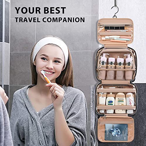 SOVICO Large Travel Toiletry Bag for Women with Extra 4 Travel Bottles, Hanging Toiletry Bag with 360° Rotatable Hook, Travel Bag for Full-Sized Cosmetic Bag with Makeup Brush Compartment-Black