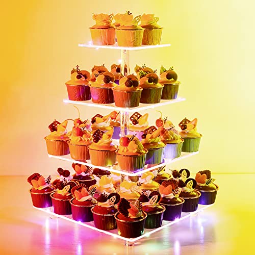OLACHIKKO Cupcake Stand, 4-Tier Square Cupcake Holder with LED Light String, Acrylic Cupcake Tower Display-Dessert Tower-Pastry Stand-Cupcake Tier Stand for Wedding, Birthday Party (Colorful Light)