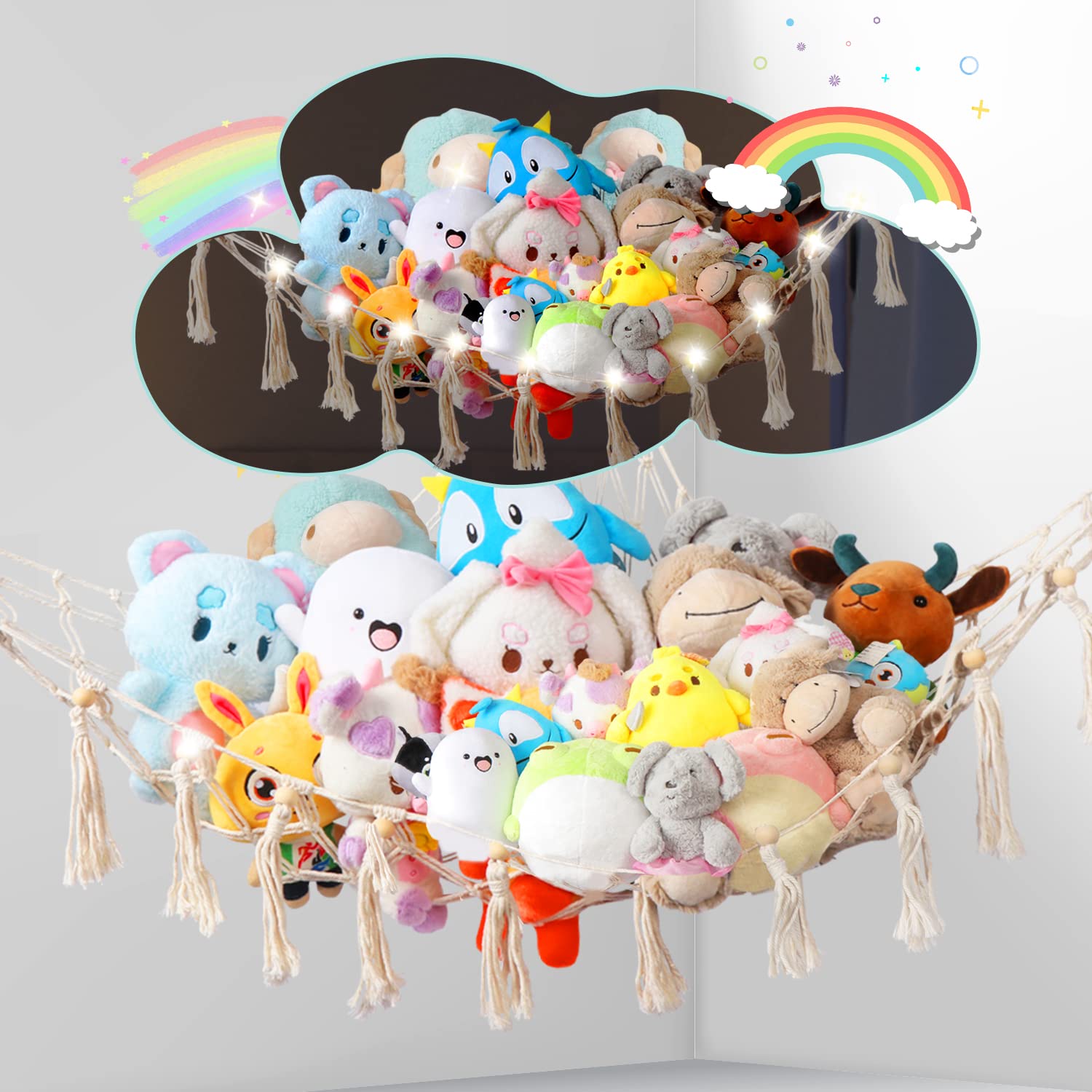 Large Stuffed Animal Hammock with LED Light, Stuffed Animal Net for Toy Storage and Wall Decor, Hanging Corner Net Holder with Hooks, Plush Macrame Toy Hammock Organizer for Nursery Playroom Bedroom