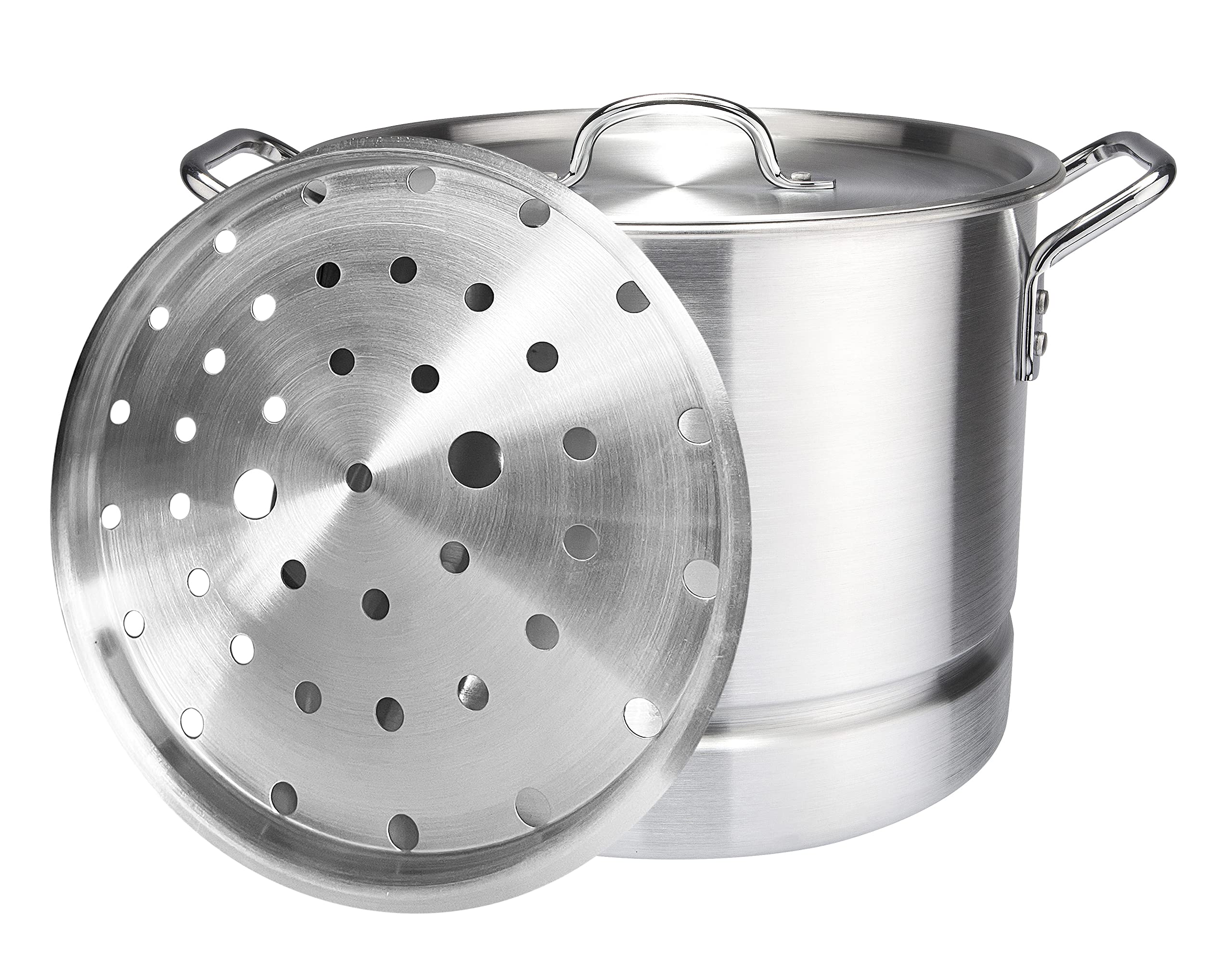 Kitchen Sense Aluminum Stock Pot with Steamer 4 piece Set of 8 quart (2 gallon), 12 quart (4 gallon), 16 quart (4 gallon), and 20 quart (5 gallon).