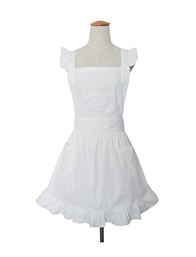 Love Potato Cute White Retro Lady's Aprons for Women's Kitchen Cooking Cleaning Maid Costume with Pockets